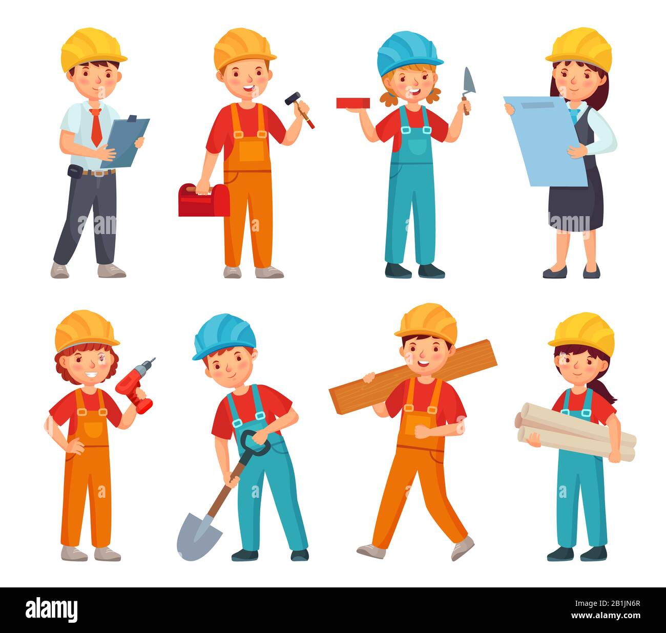 Kids builders. Little boys and girls in builder work suit, children in ...