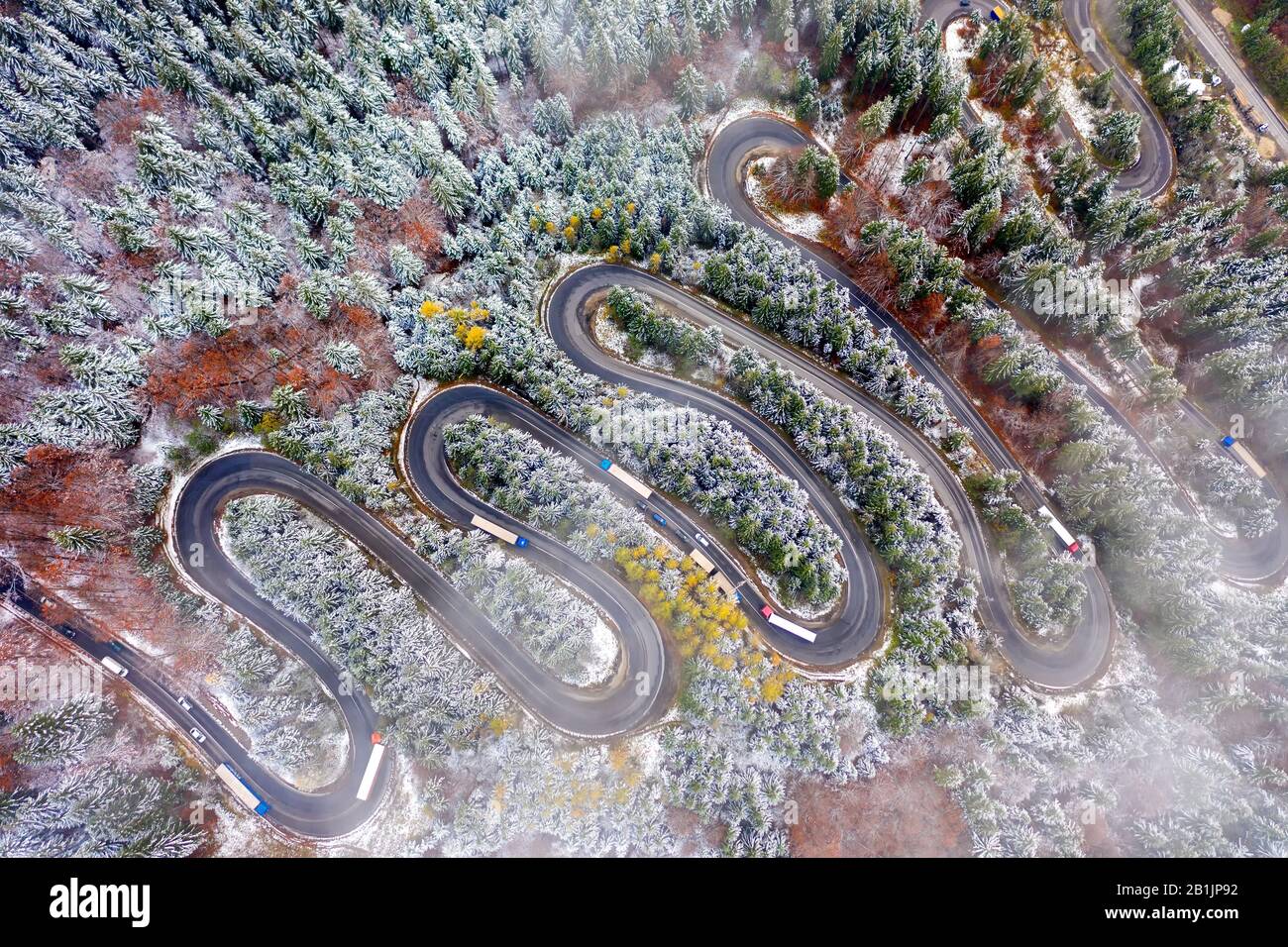 Aerial view of a winding mountain road passing through a fir trees ...