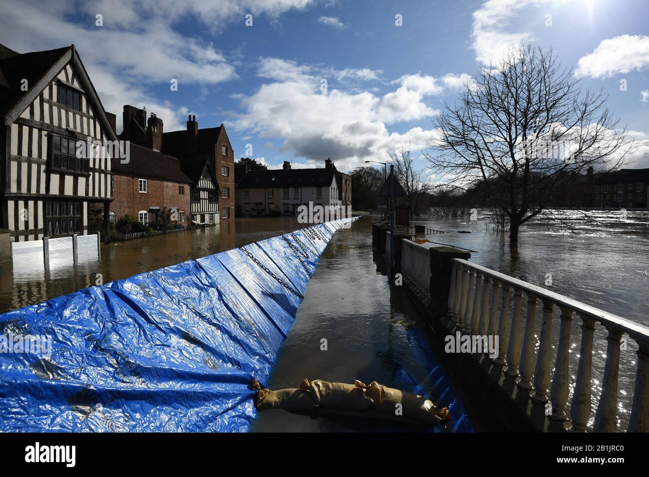 A view of the temporary flood defences in Bewdley, Worcestershire ...