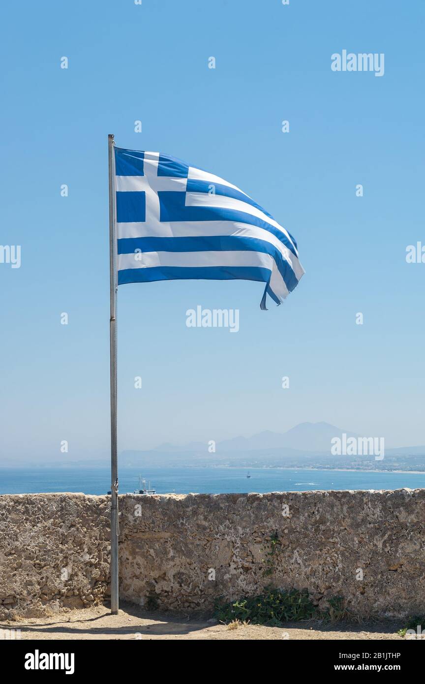 Greek flag, Fortezza of Rethymno, Crete, Greece Stock Photo - Alamy