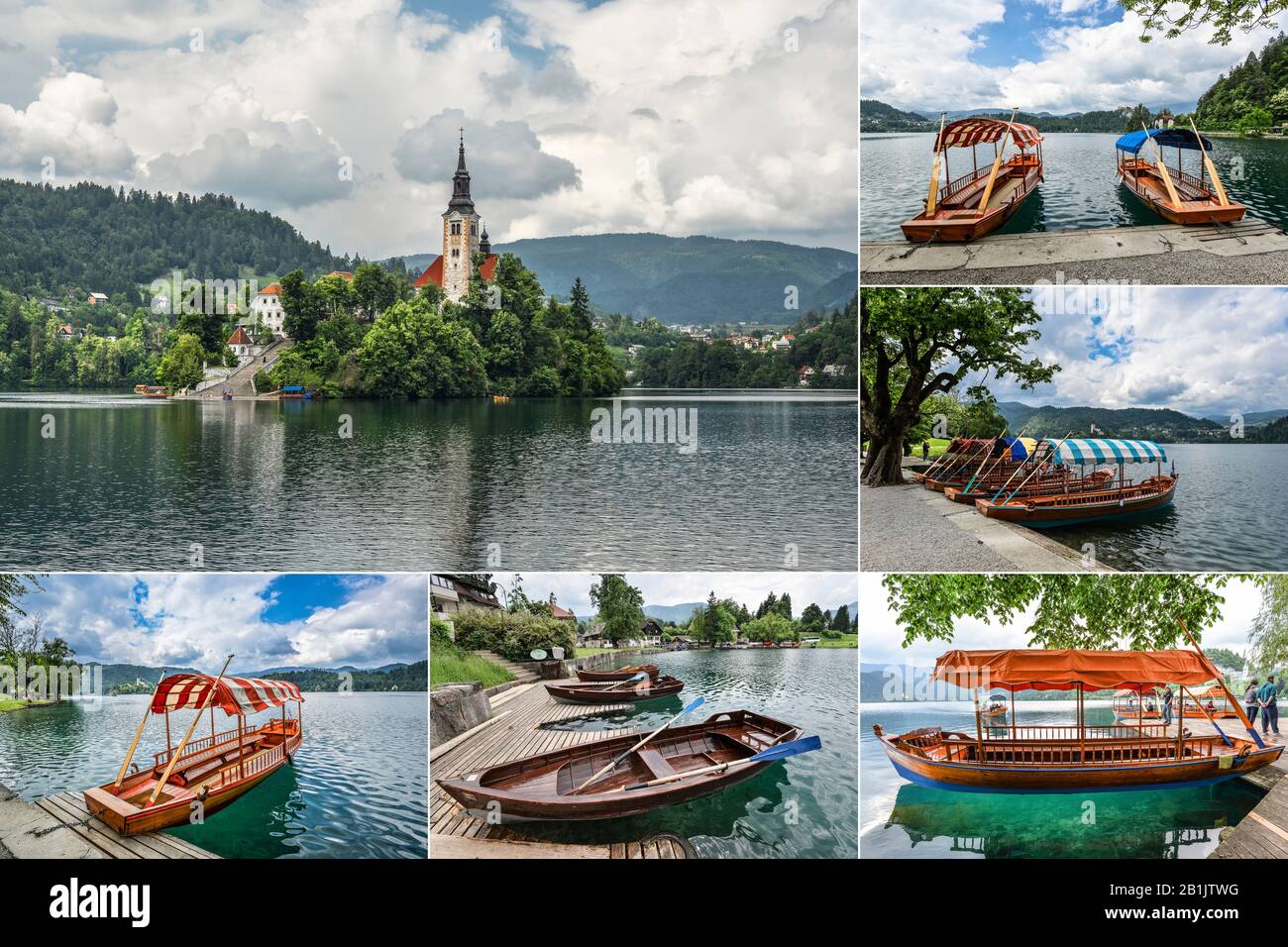 Bled, Slovenia - December 22, 2019: Collage of landmarks of Bled lake ...