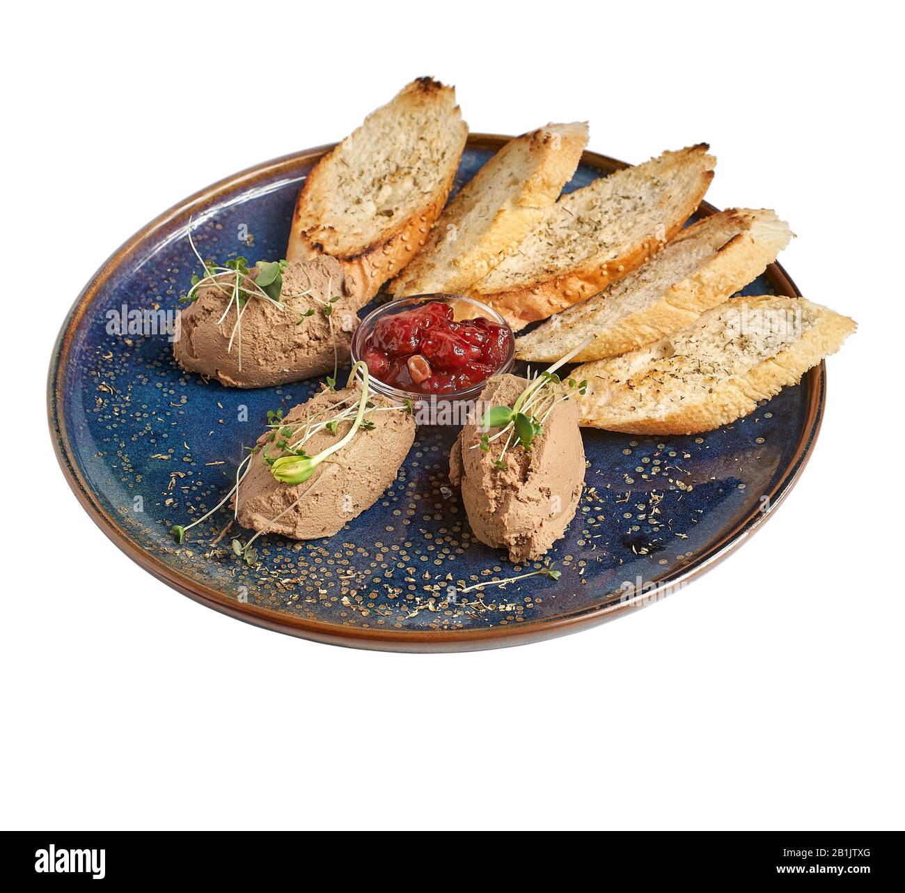 Chicken liver pate with crunchy baguette and fruit jelly sauce isolated ...