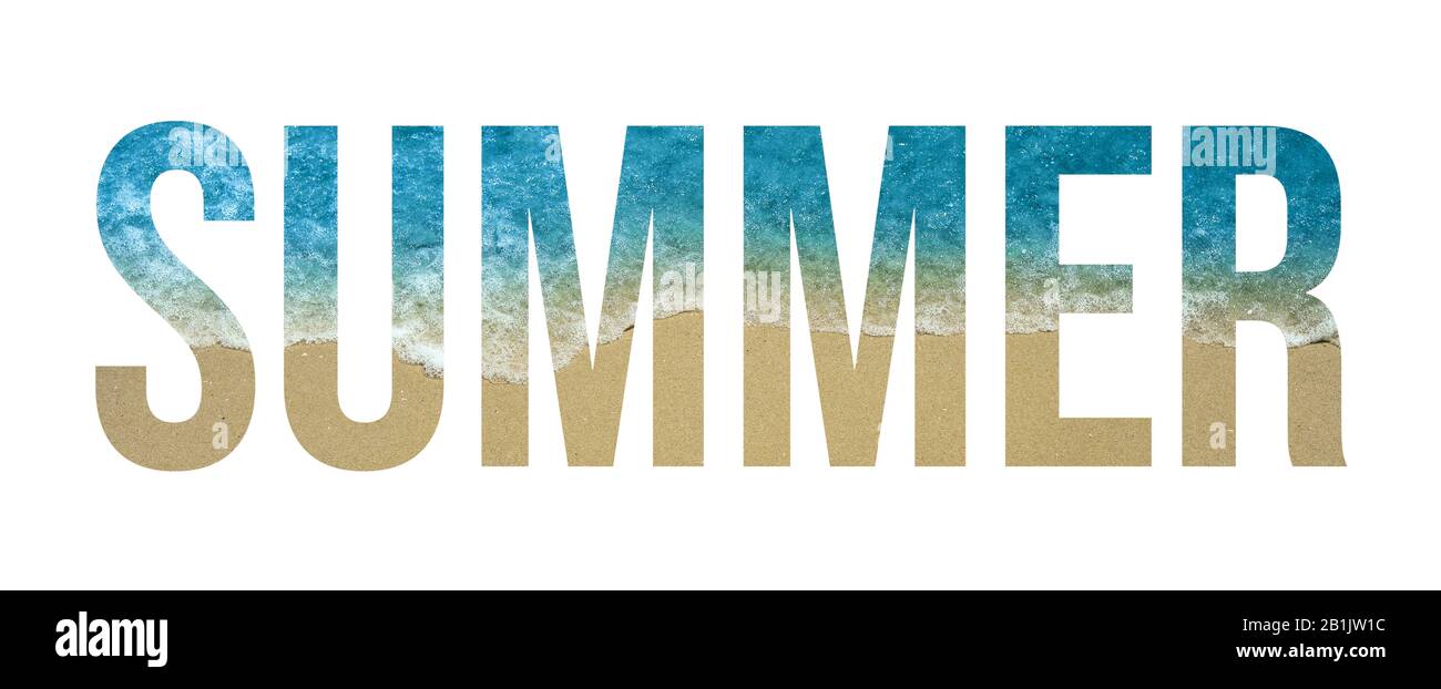 Overlay of the word summer on beach with seacoast and waves isolated on ...