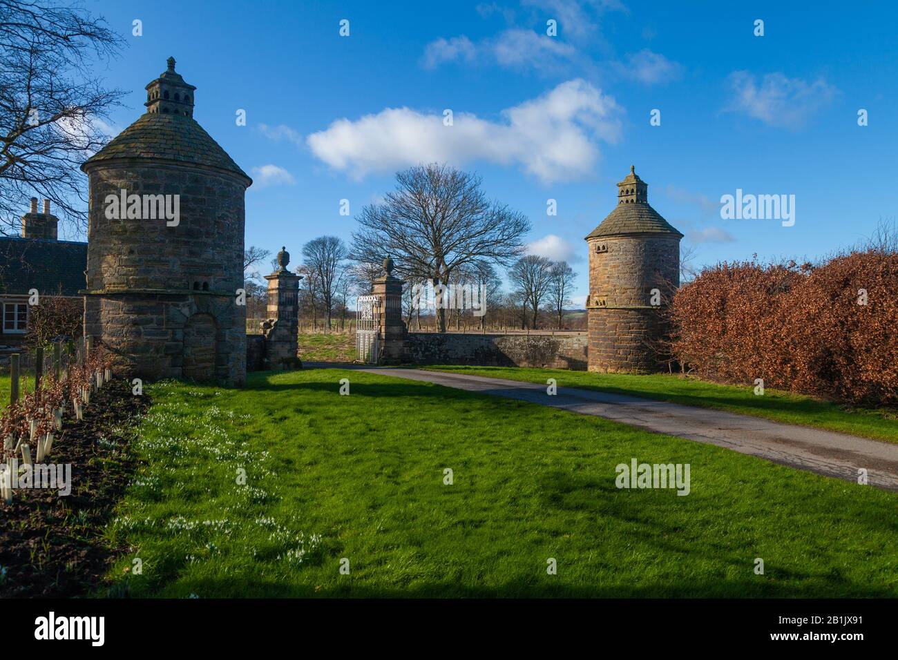 Estate Gates with twin Dovecots either side at Balcaskie Estate ...
