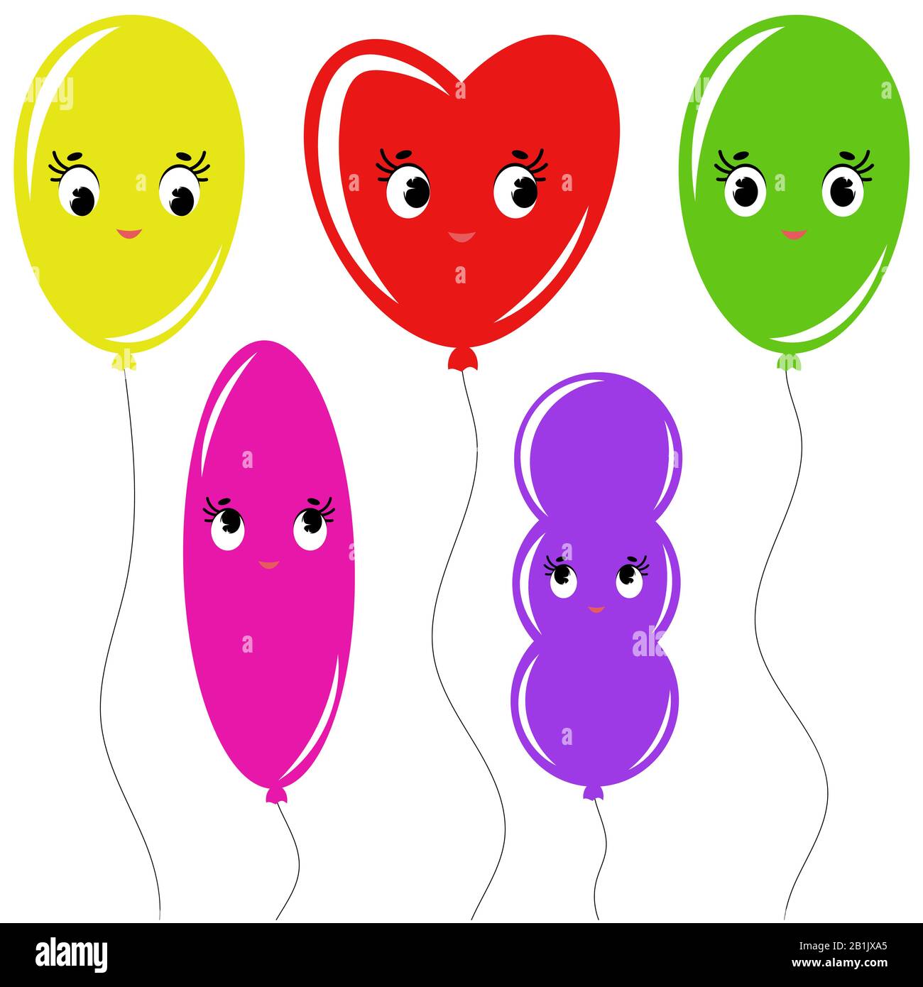 Set of flat colored isolated balloons cartoon on the ropes. Simple ...
