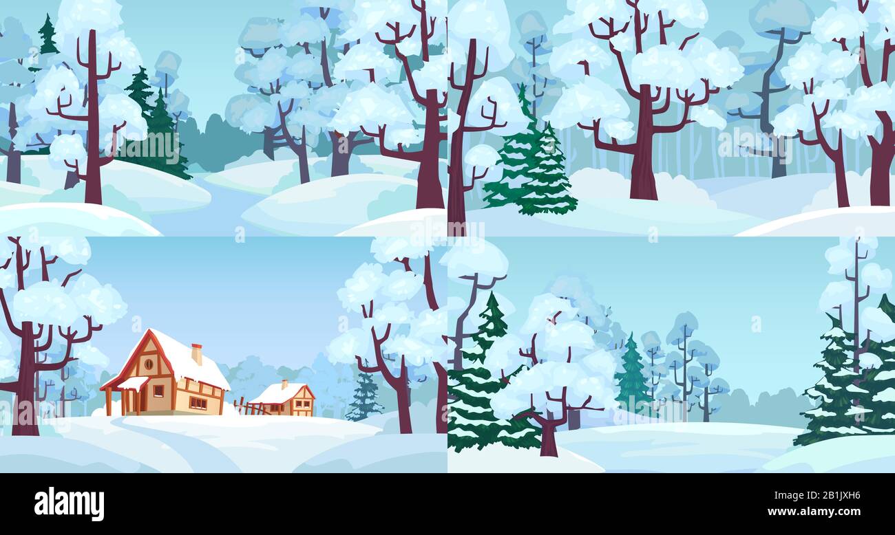 Cartoon winter forest landscapes. Village in woods with snow caps on ...