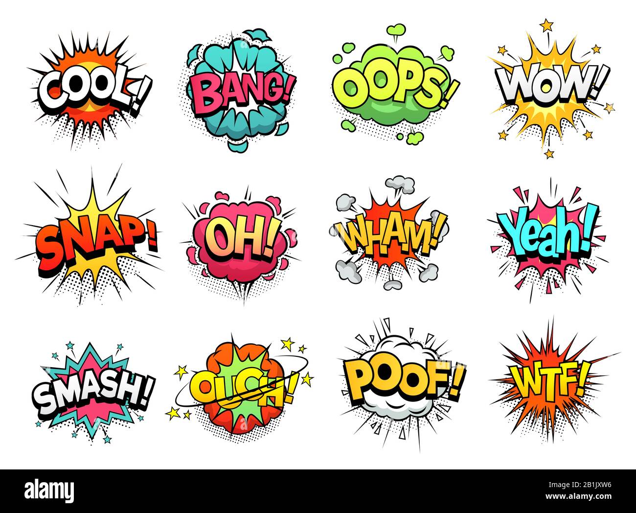Comic sign clouds. Boom bang, wow and cool speech bubbles. Burst cloud expressions cartoon ...