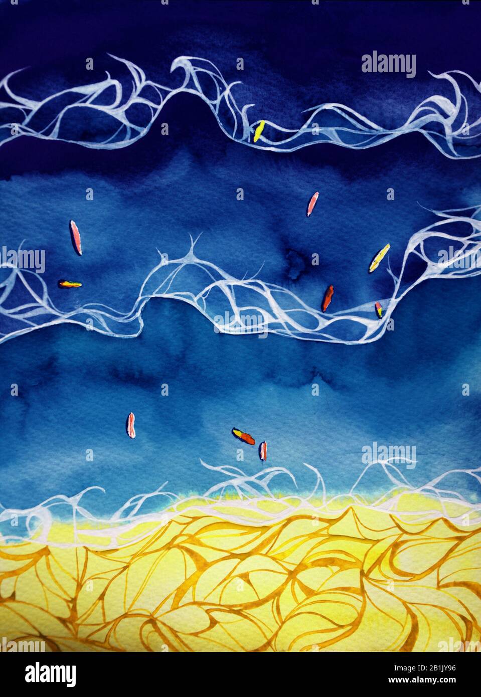 sea and beach view from above, hand drawn watercolor summer background ...