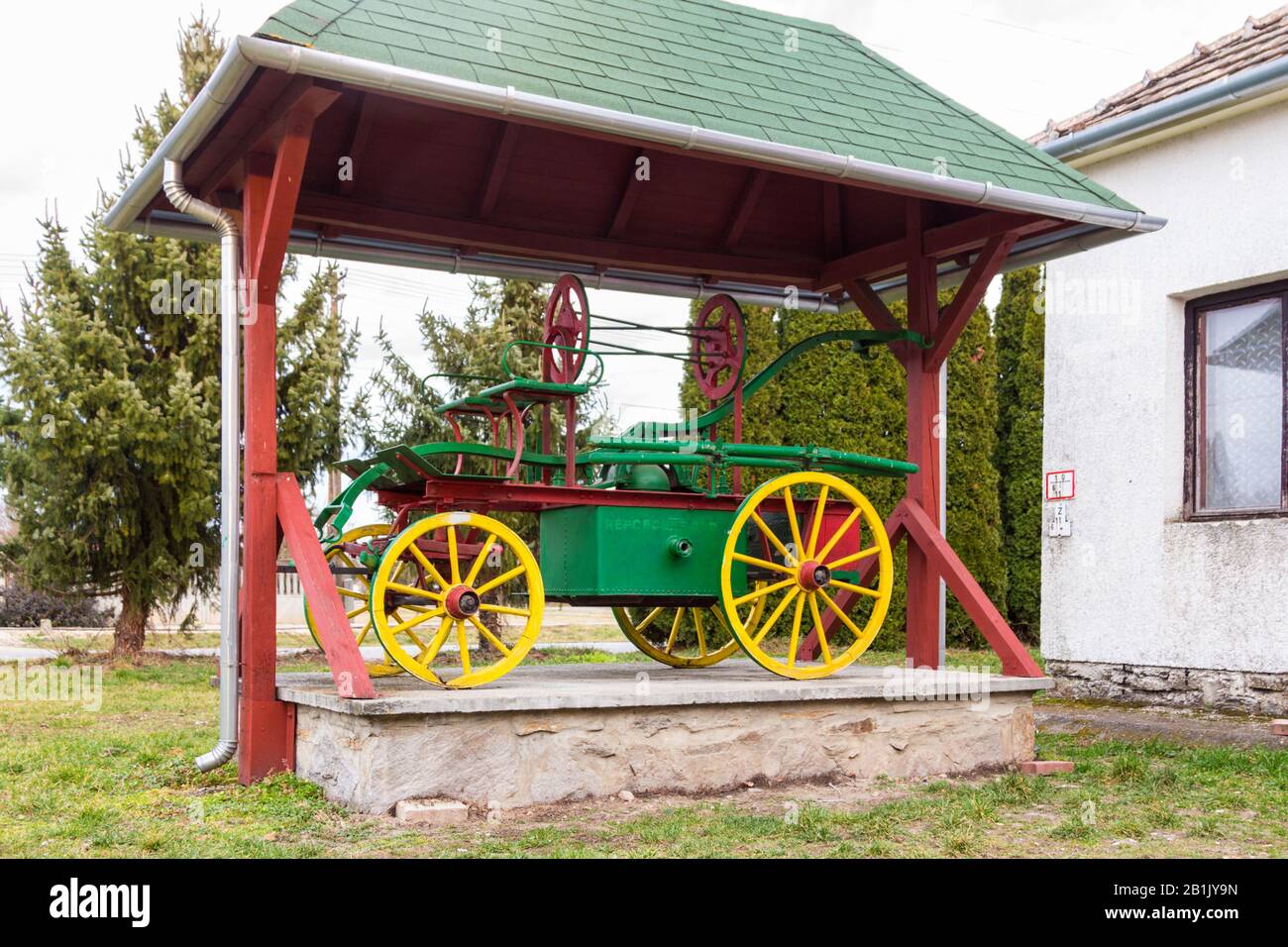 Vintage fire cart exhibited outdoors, Csafordjanosfa, Hungary Stock ...
