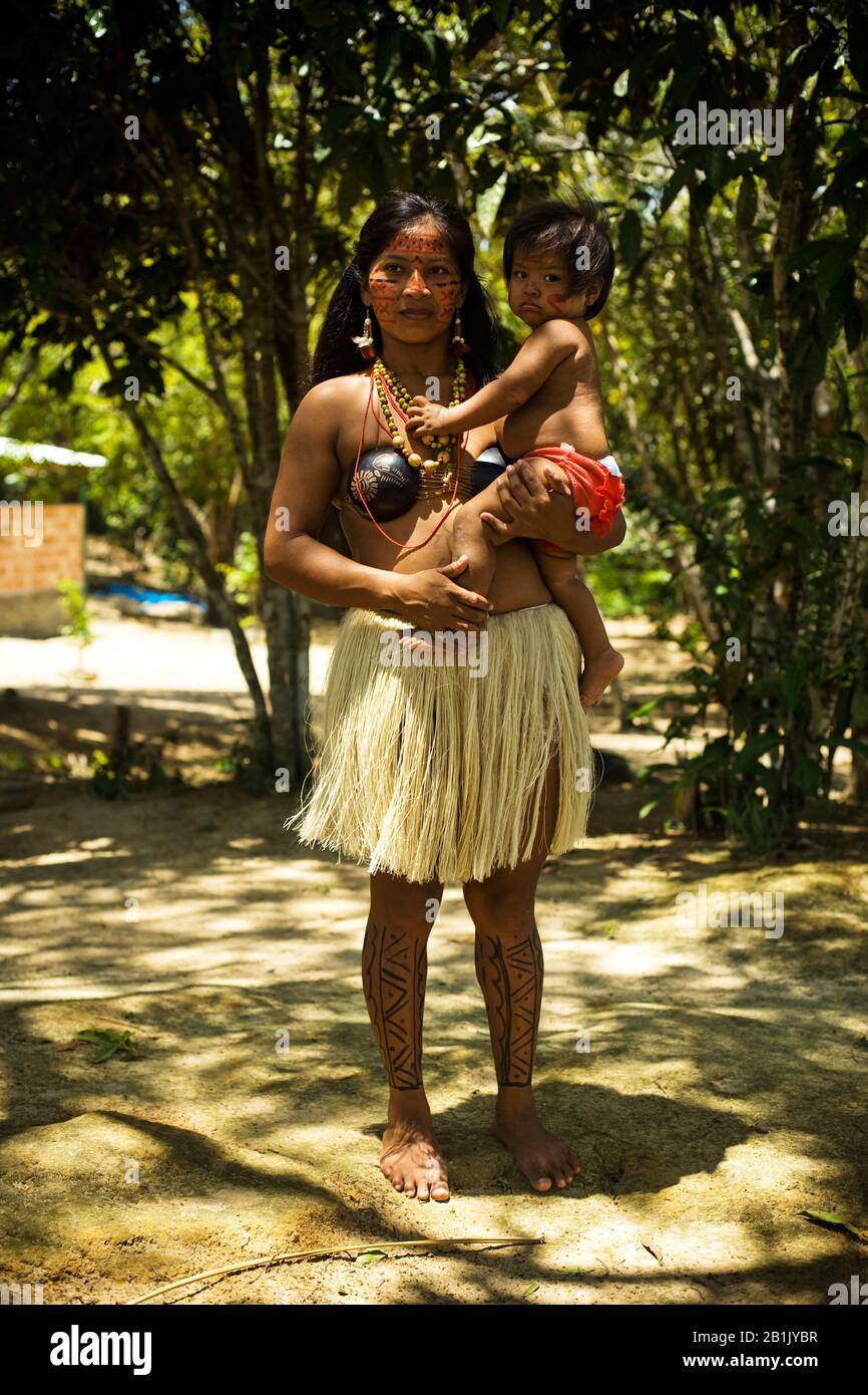 India with Child in the Lap, Dessano Tribe, Tupé Community, Manaus ...