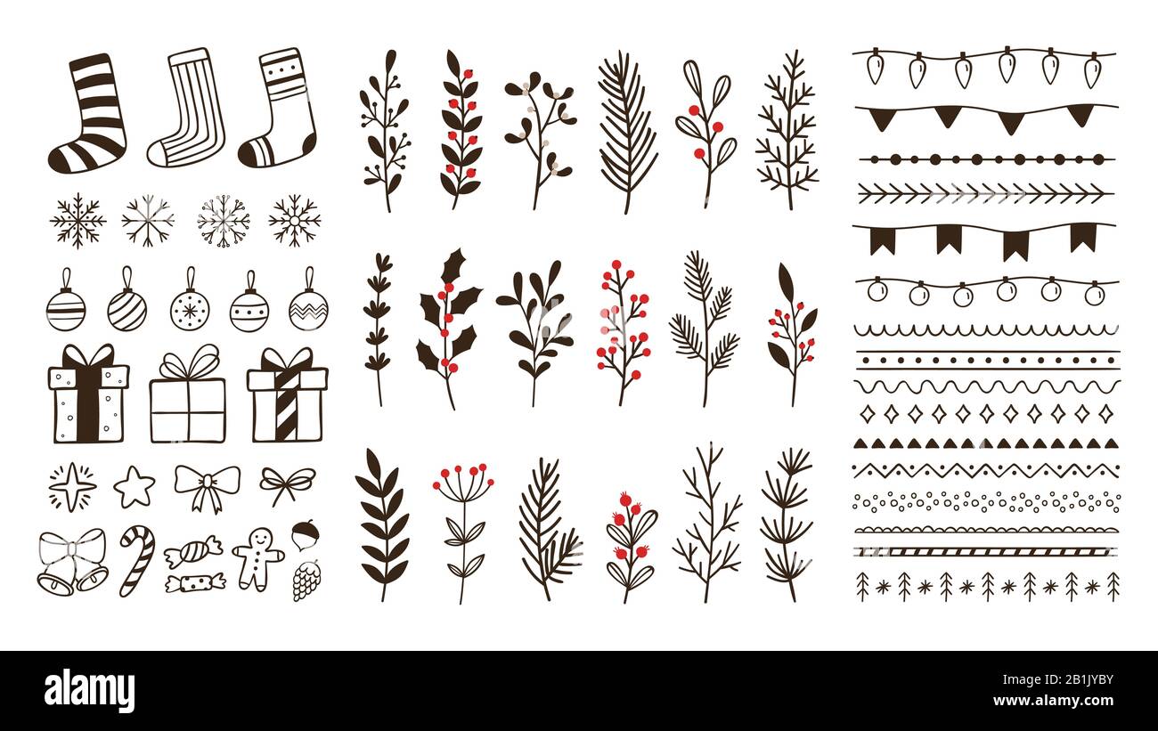 Hand drawn ornamental winter elements. Doodle christmas snowflake ...