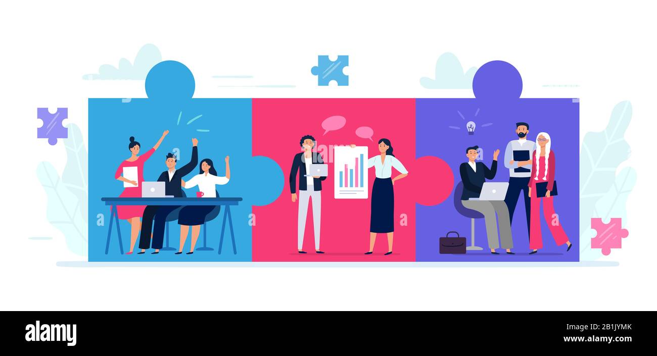 Connected teams puzzle. Office workers team cooperation, teamwork ...