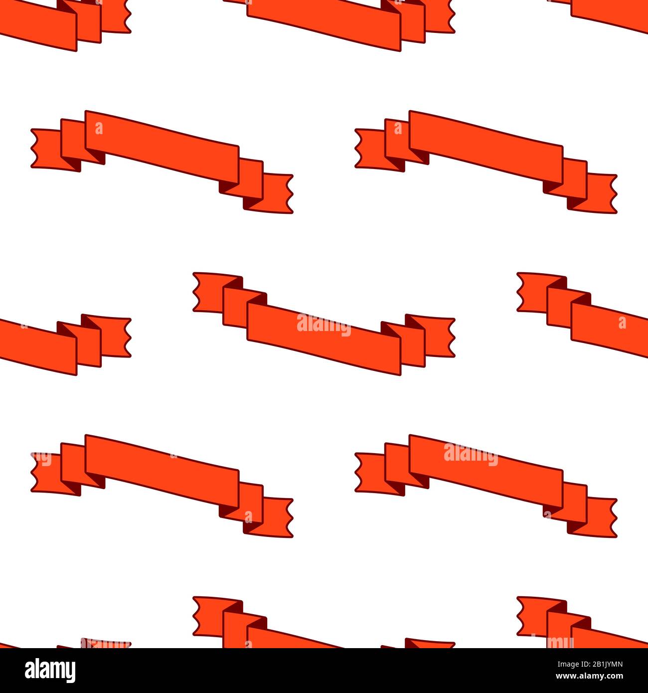 Seamless pattern of flat red curved ribbon banners. On a white ...