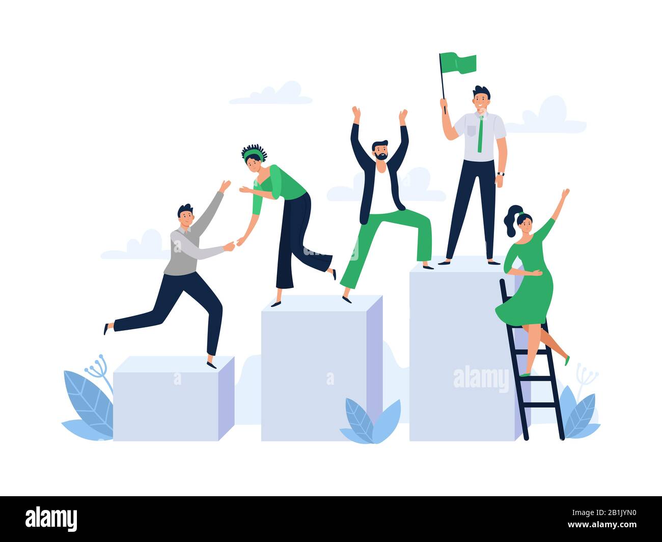 Career ladder with team people. Office worker hold flag, group leader ...