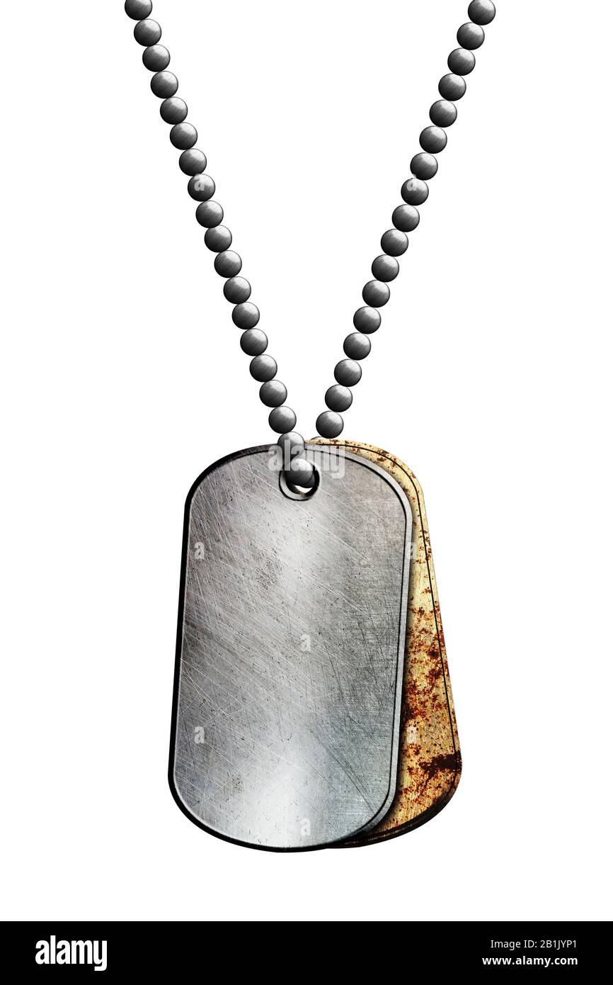 rust and chrome metal tag and necklace. isolated with clipping path. 3d ...