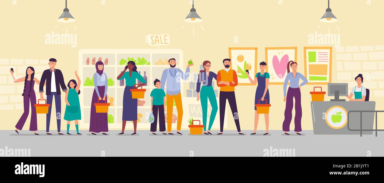 People waiting in store line. Long shop queue, customers in line for ...