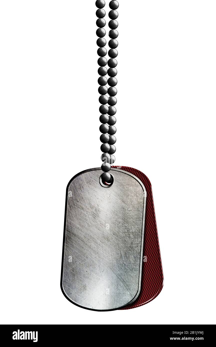 chrome and red metal tag and necklace. isolated with clipping path. 3d ...