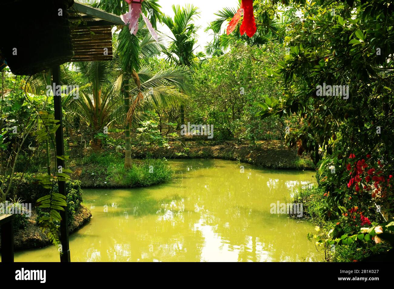 Greenery garden with trees and pond Stock Photo - Alamy