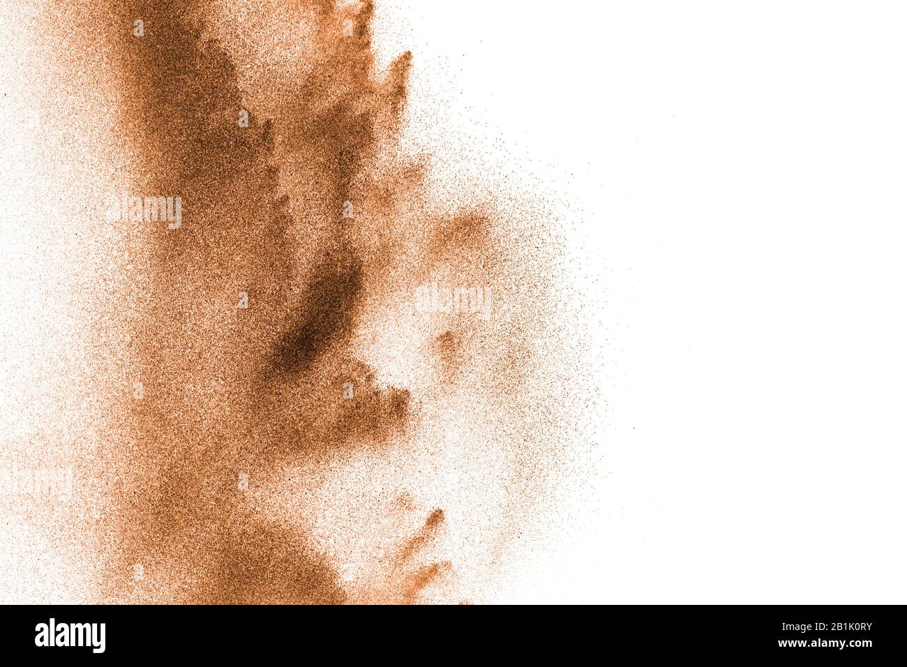 Dry river sand explosion. Brown color sand splash against white ...