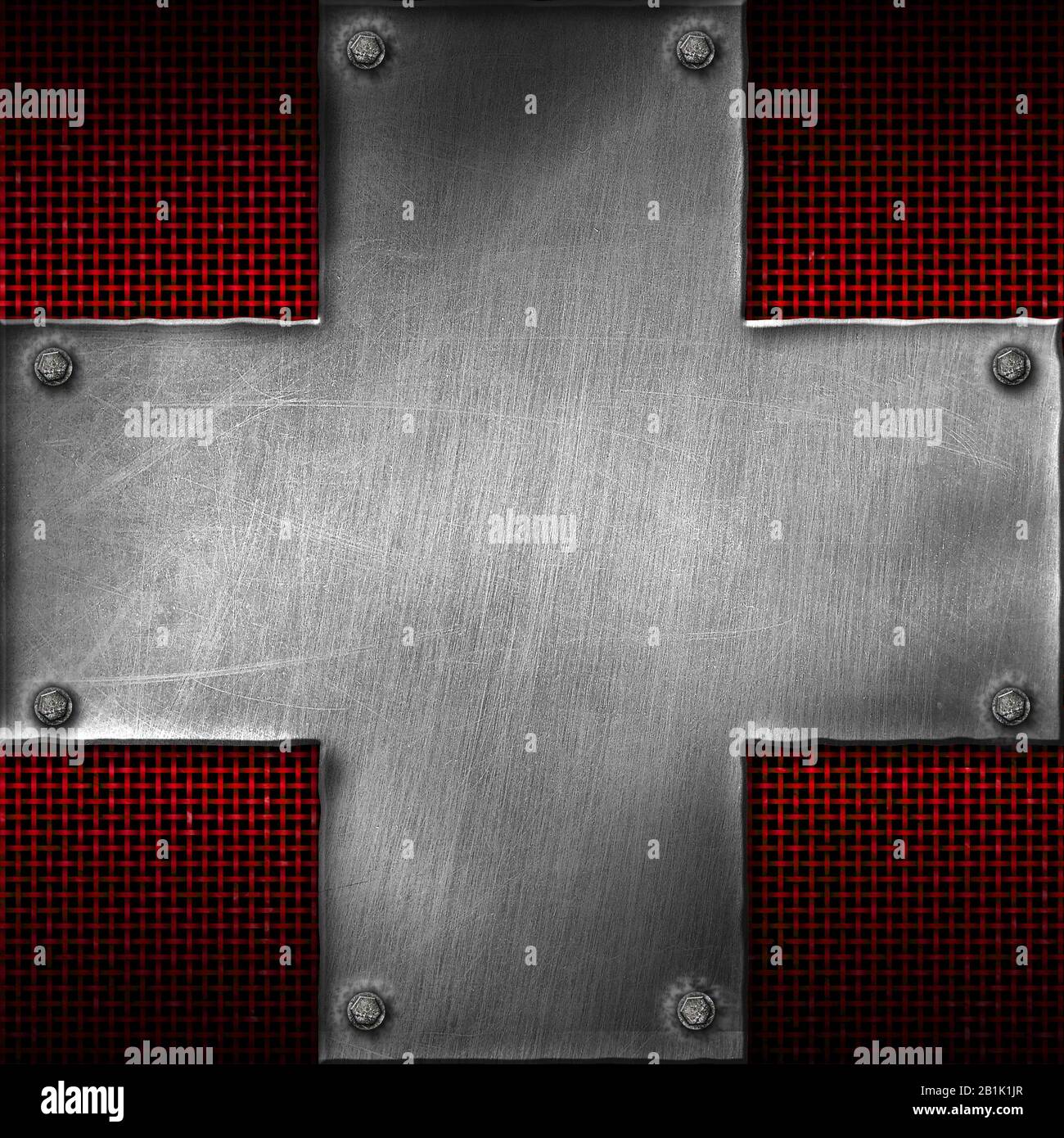 grunge cross metal on red mesh metal. 3d illustration for background ...