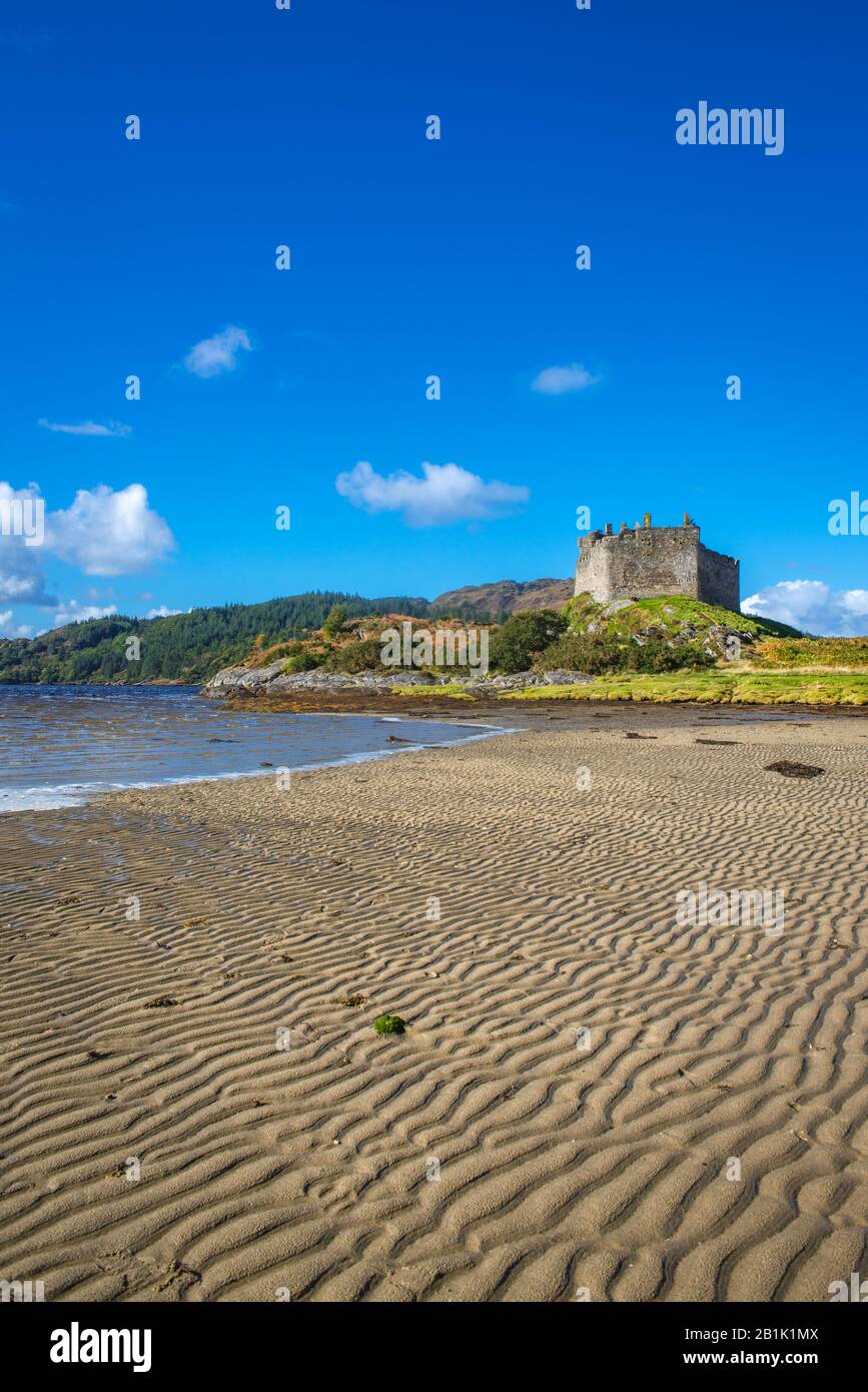 Castle Tioram Under Blue Sky from the Beach at Low Tide, Loch Moidart ...