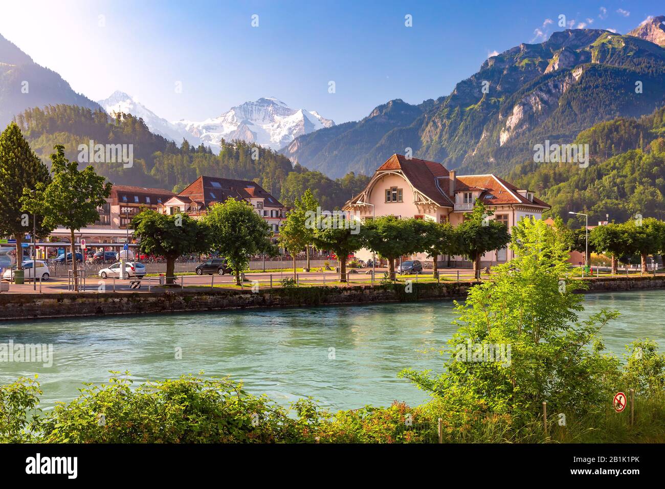 Train station and Aare river in Interlaken, important tourist center in ...