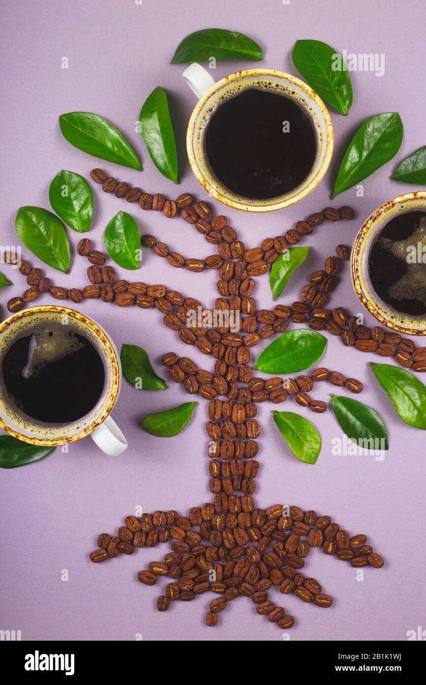 A tree-shaped layout made from coffee beans with cups of coffee grown ...
