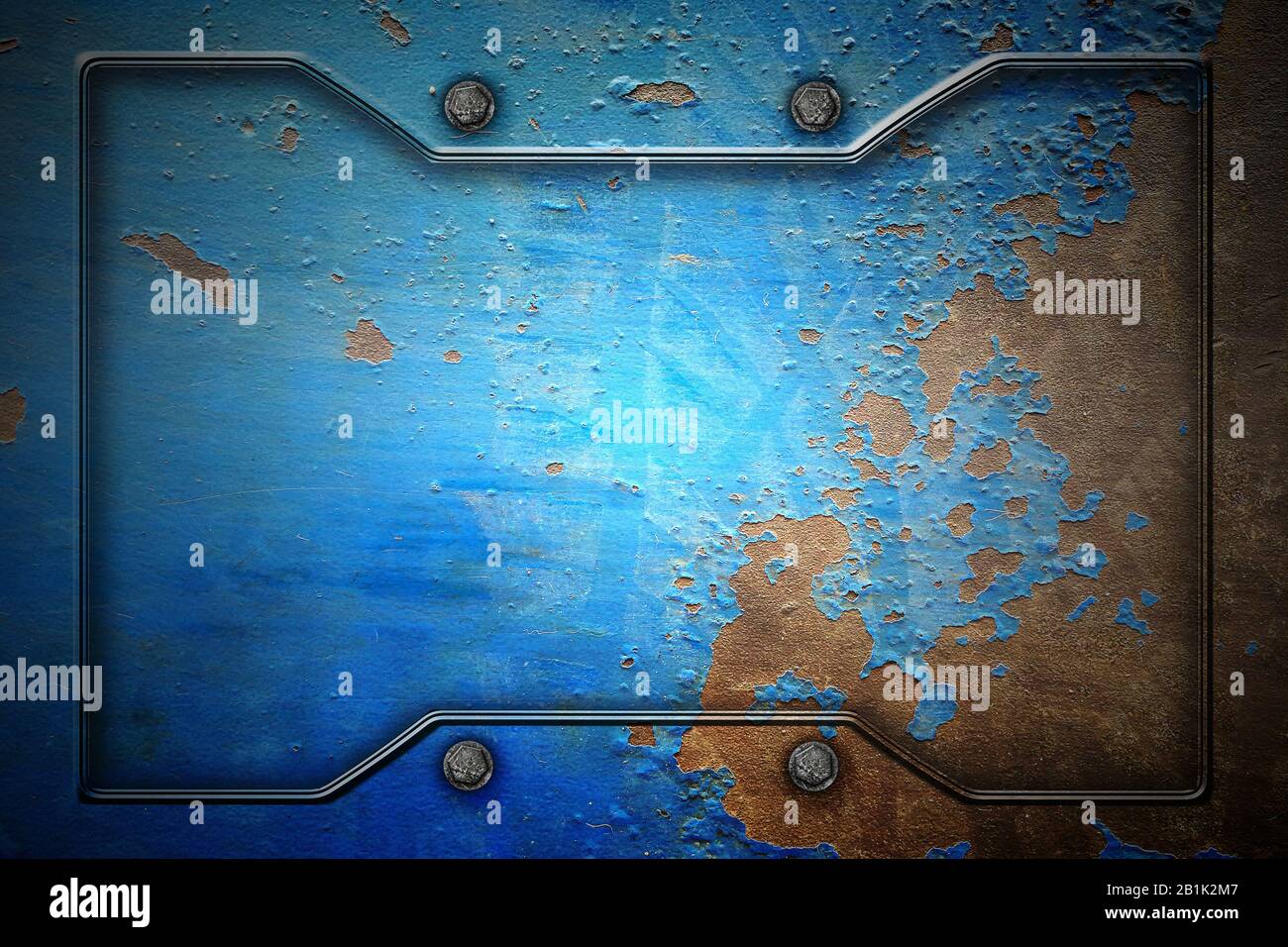 blue metal or concrete wall with metal frame for background and texture ...