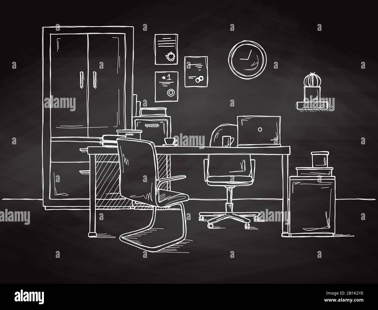 Sketch the room. Office chair, desk, various objects on the table ...