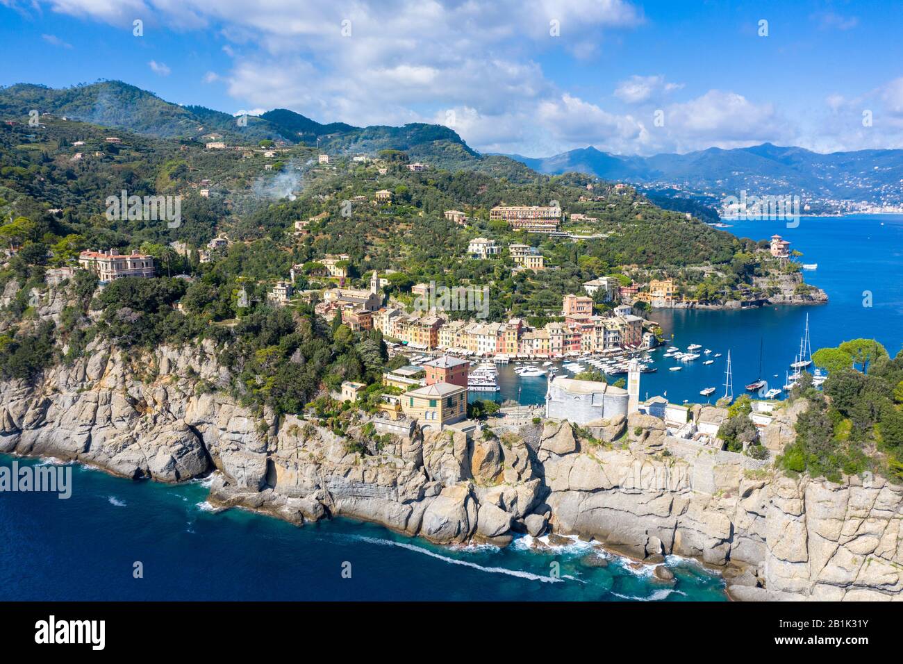 Aerial view of Portofino, an Italian fishing village and holiday resort famous for its ...