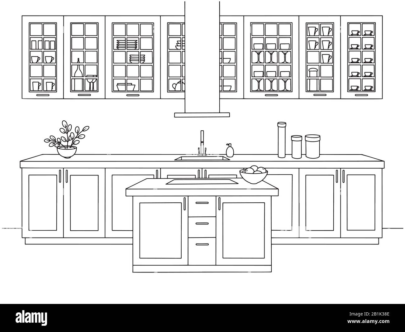 Hand drawn kitchen. Kitchen furniture. Vector illustration in sketch ...