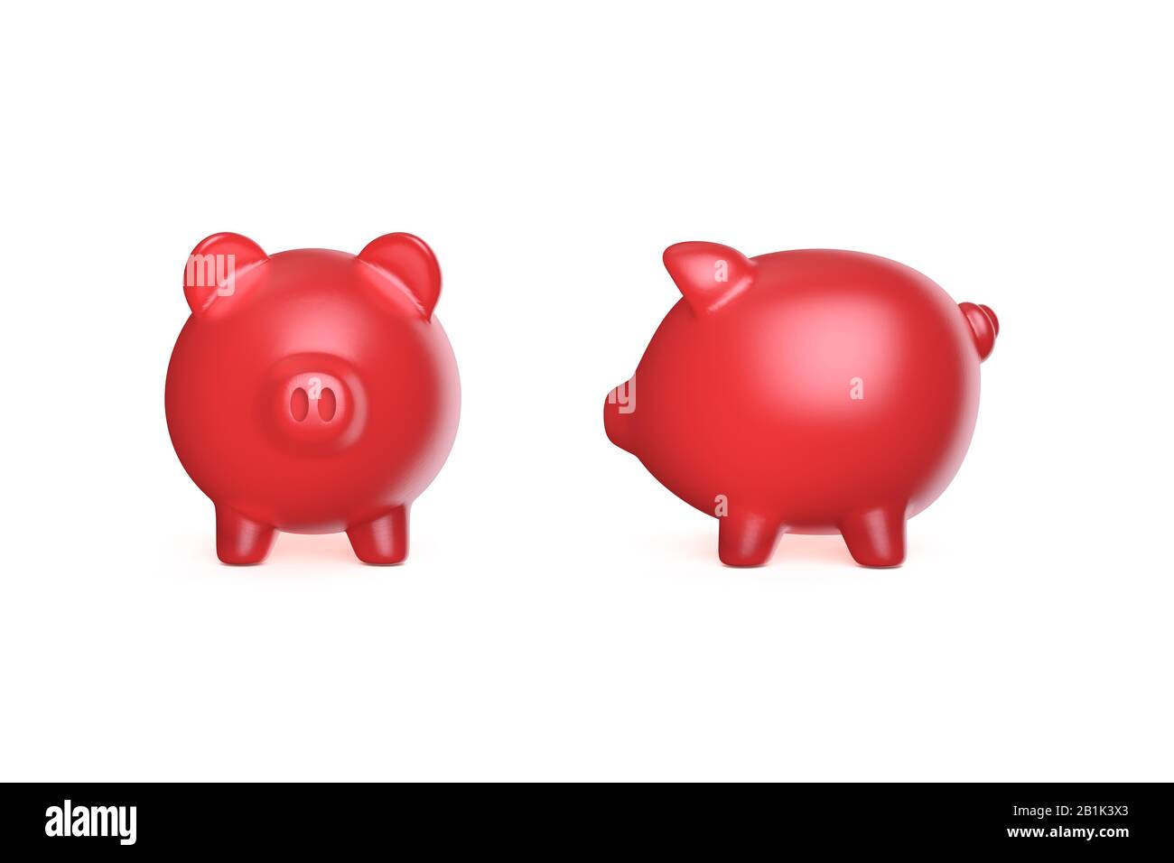 3d rendering, front and side view of red piggy bank on banking or ...