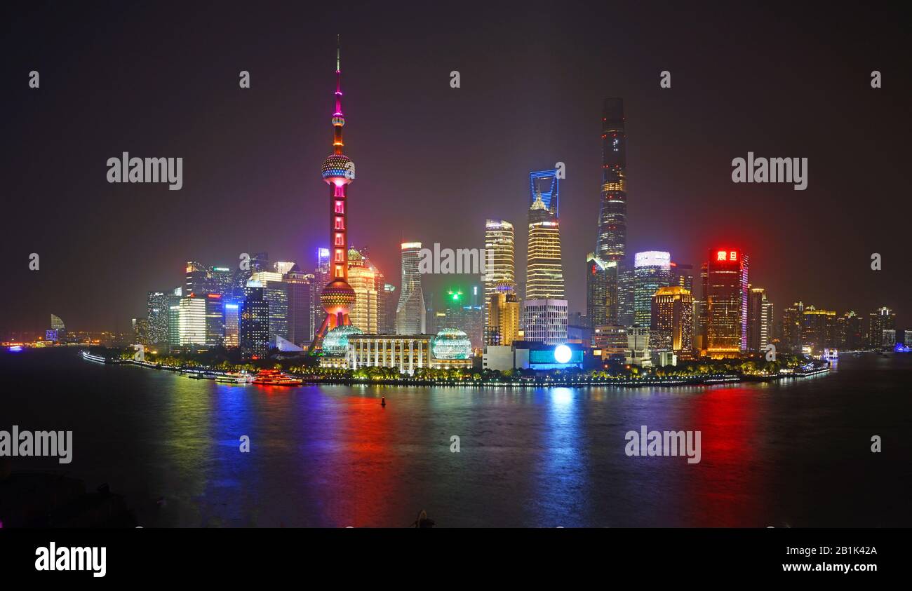 SHANGHAI, CHINA -27 OCT 2019- A landscape view at night of the modern ...