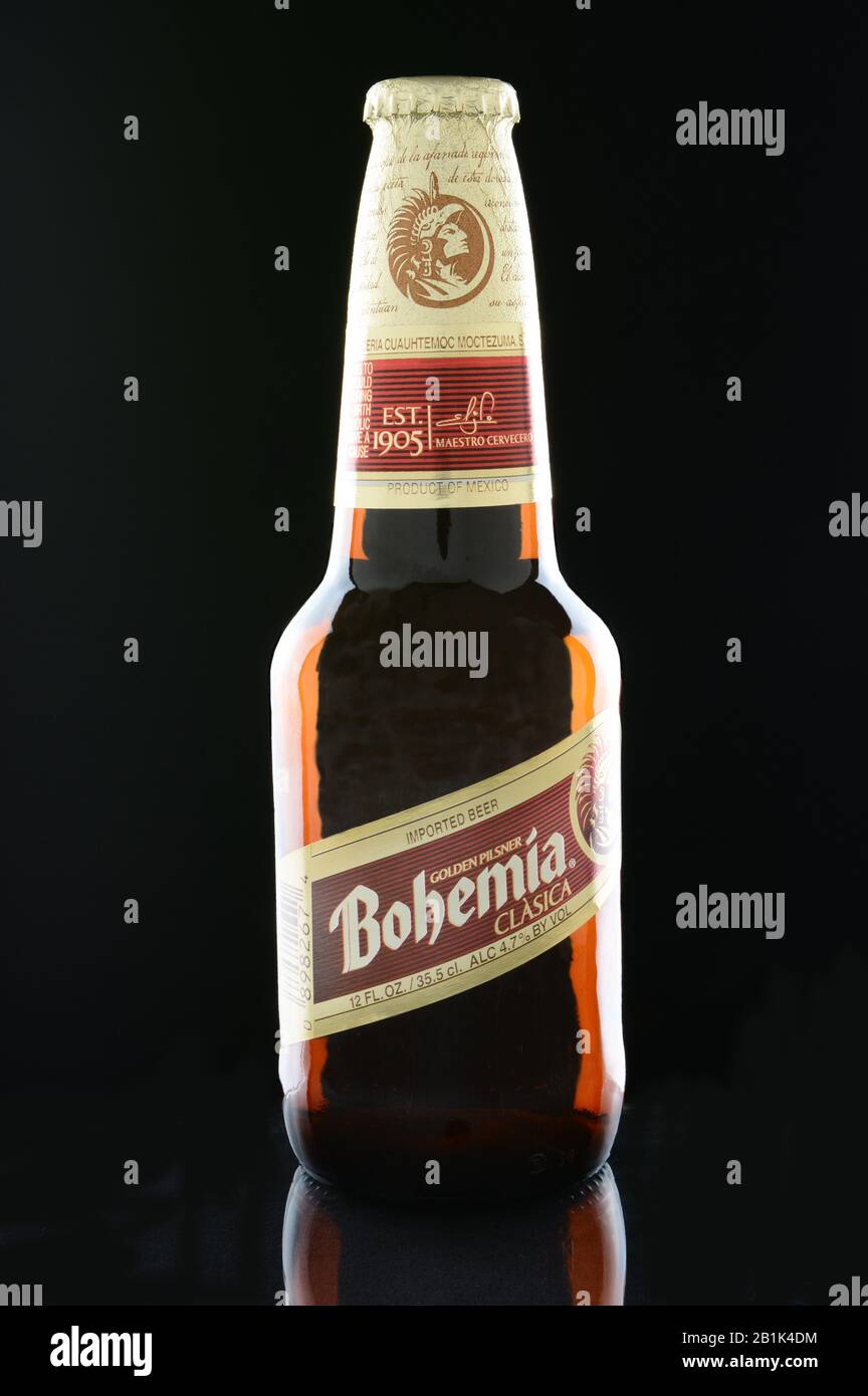 IRVINE, CA - JANUARY 12, 2015: A bottle of Bohemia beer on a black ...