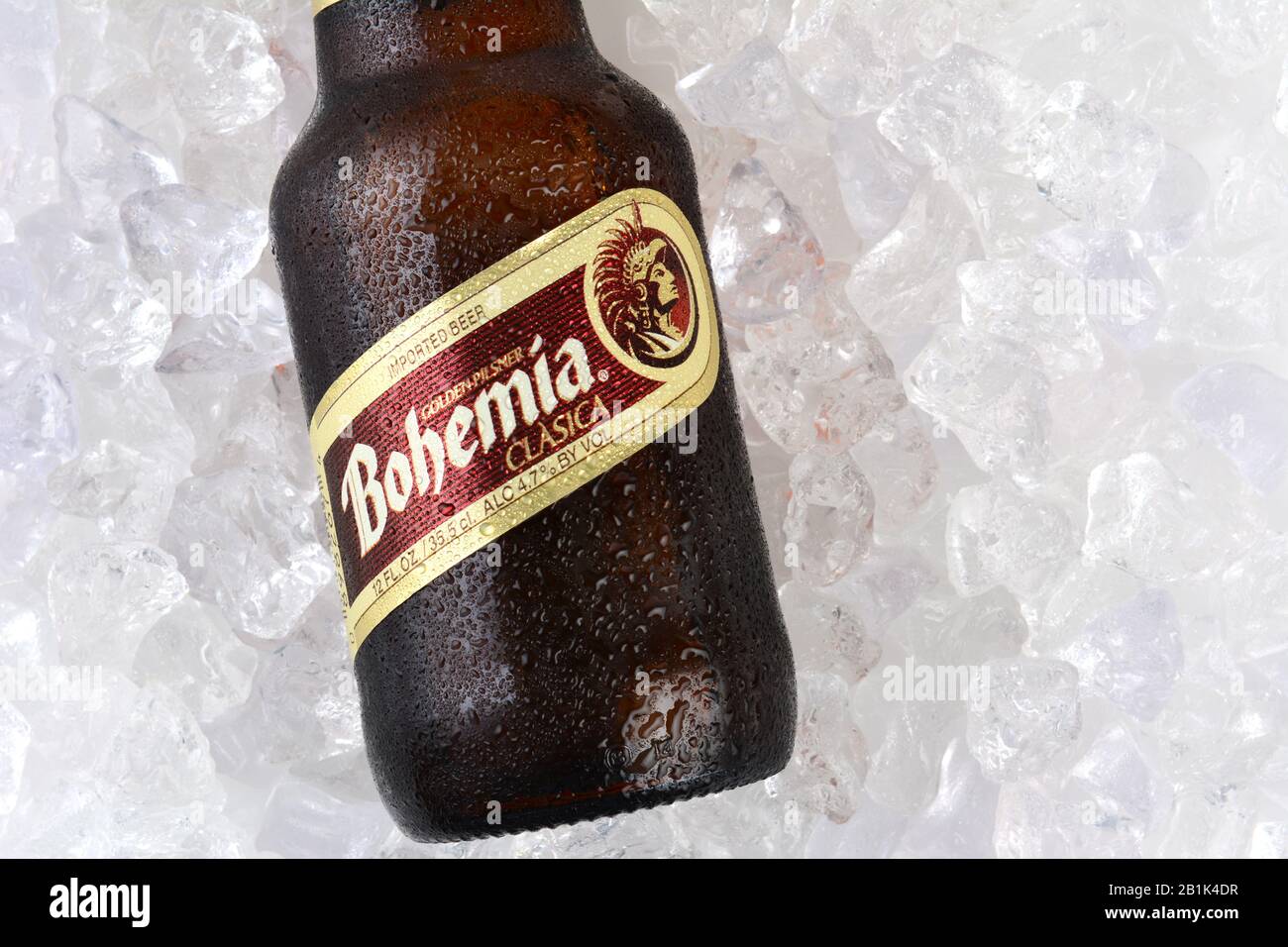 IRVINE, CA - JANUARY 12, 2015: A bottle of Bohemia beer on a bed of ice ...