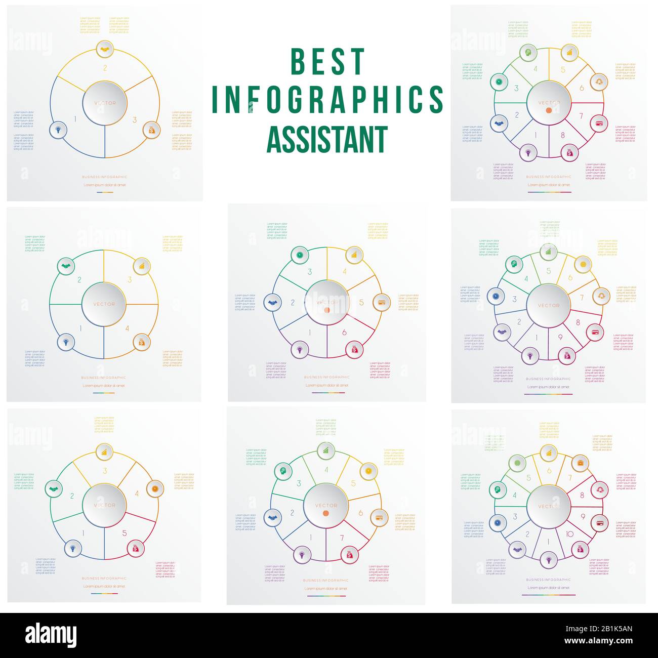 Pie charts, area charts. Circles from coloured lines, template ...