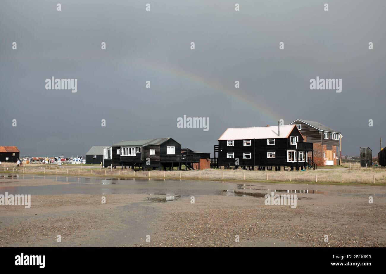 Rainbow over Walberswick after a heavy winter shower, Suffolk, UK Stock ...