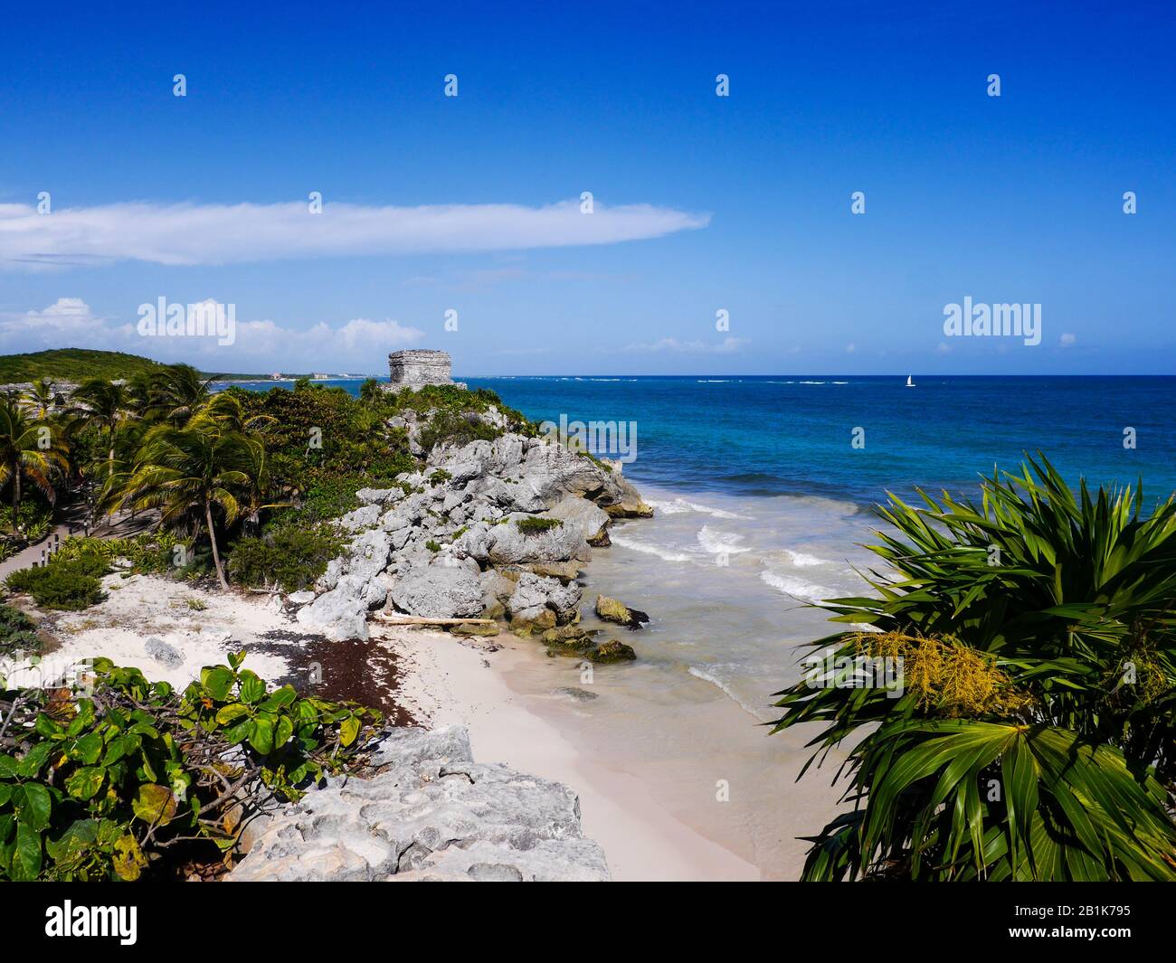 The Temple of the God of Wind in front of the blue ocean and a ...