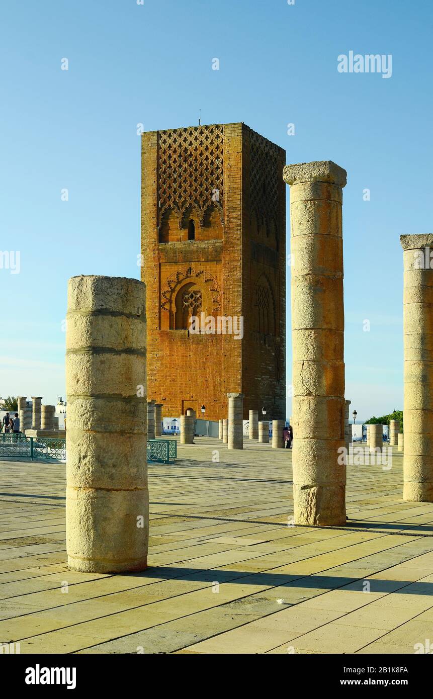 Morocco, Rabat, Hassan tower and columns around the landmark Stock ...