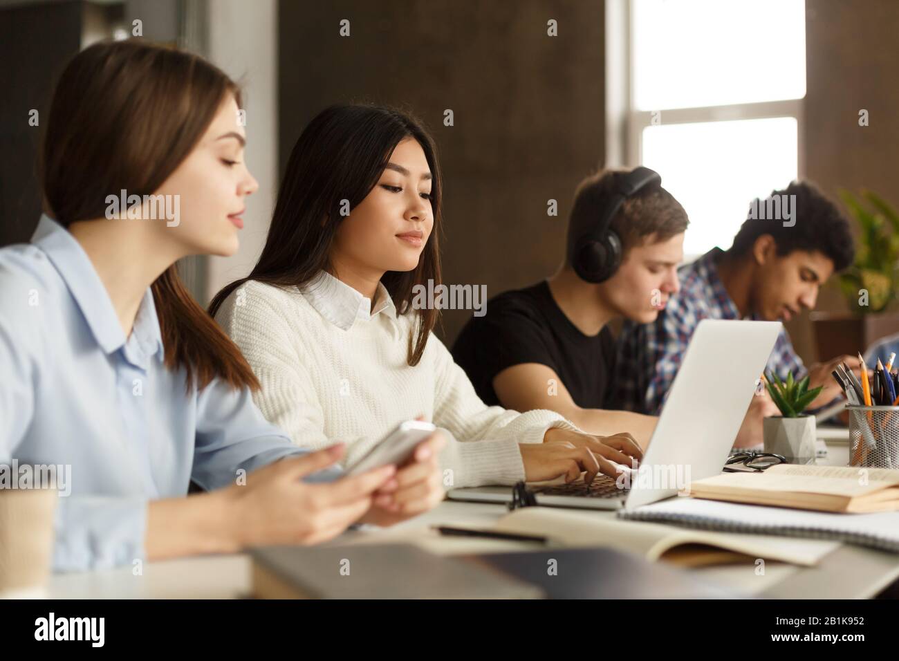 Student's lifestyle. Girls using laptop, doing homework Stock Photo - Alamy