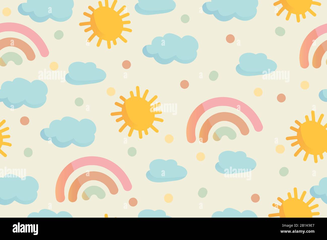 Cute rainbow, clouds, sun and dots in pastel colors, seamless pattern ...