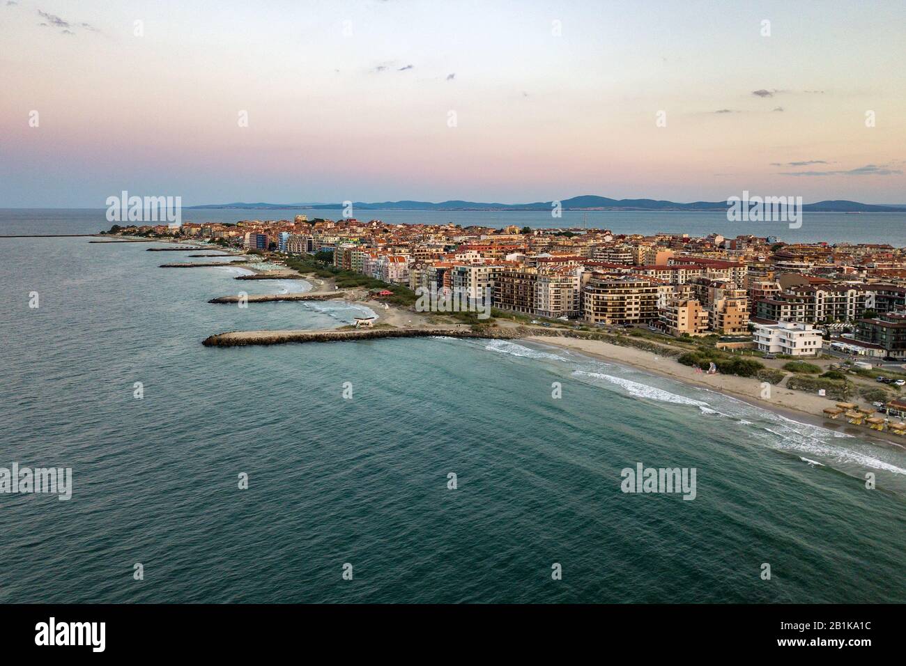 Aerial view of Pomorie city that is located on Black Sea shore. Top ...