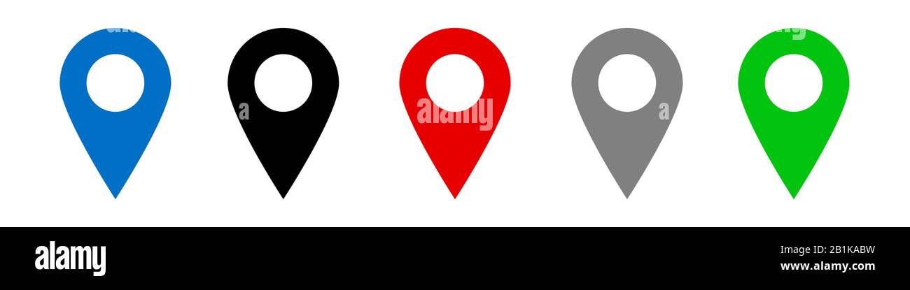 Set of Location pins. Blue, black, red, gray and green location pins ...