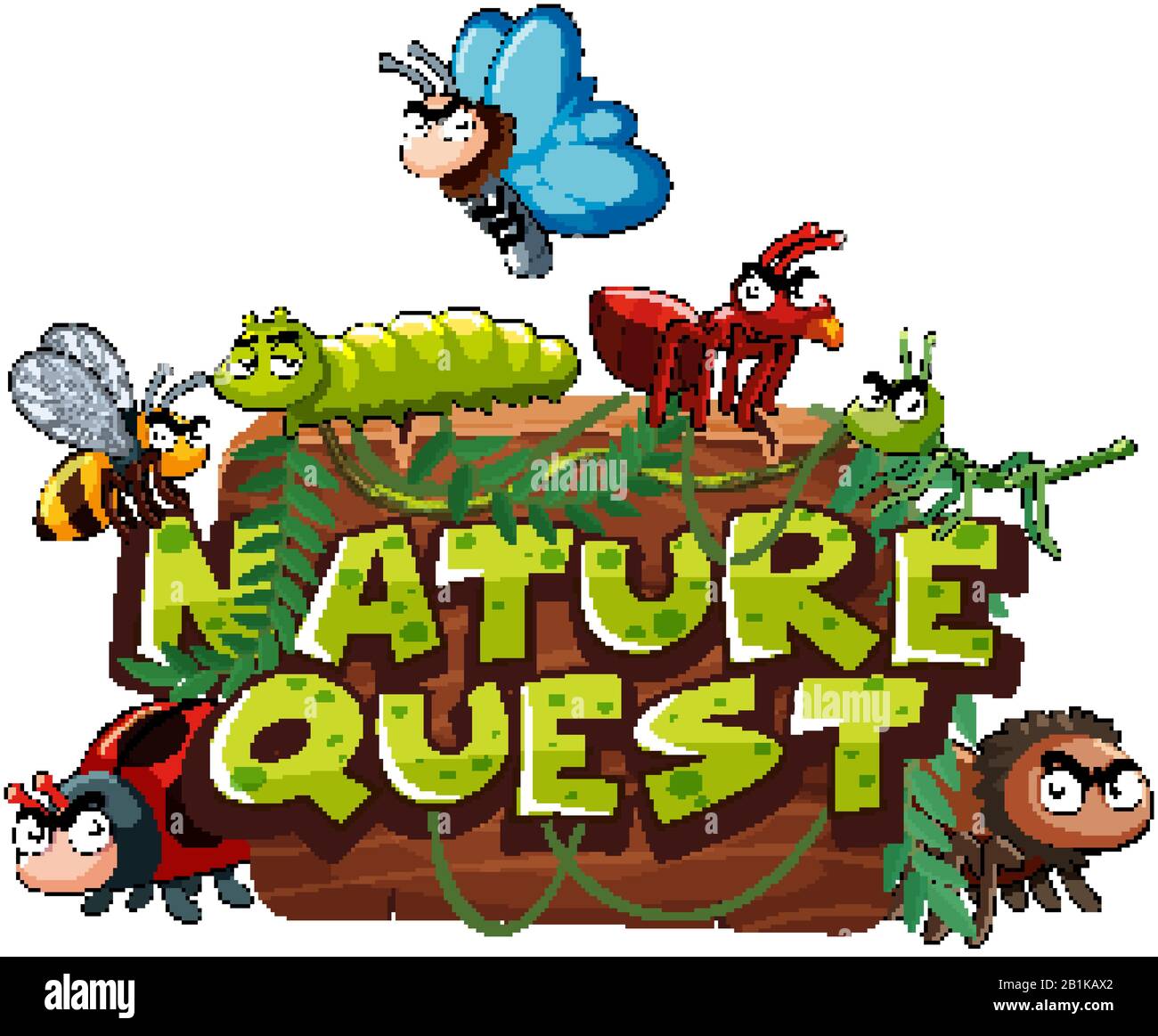 Font design for word nature quest with many bugs in background ...