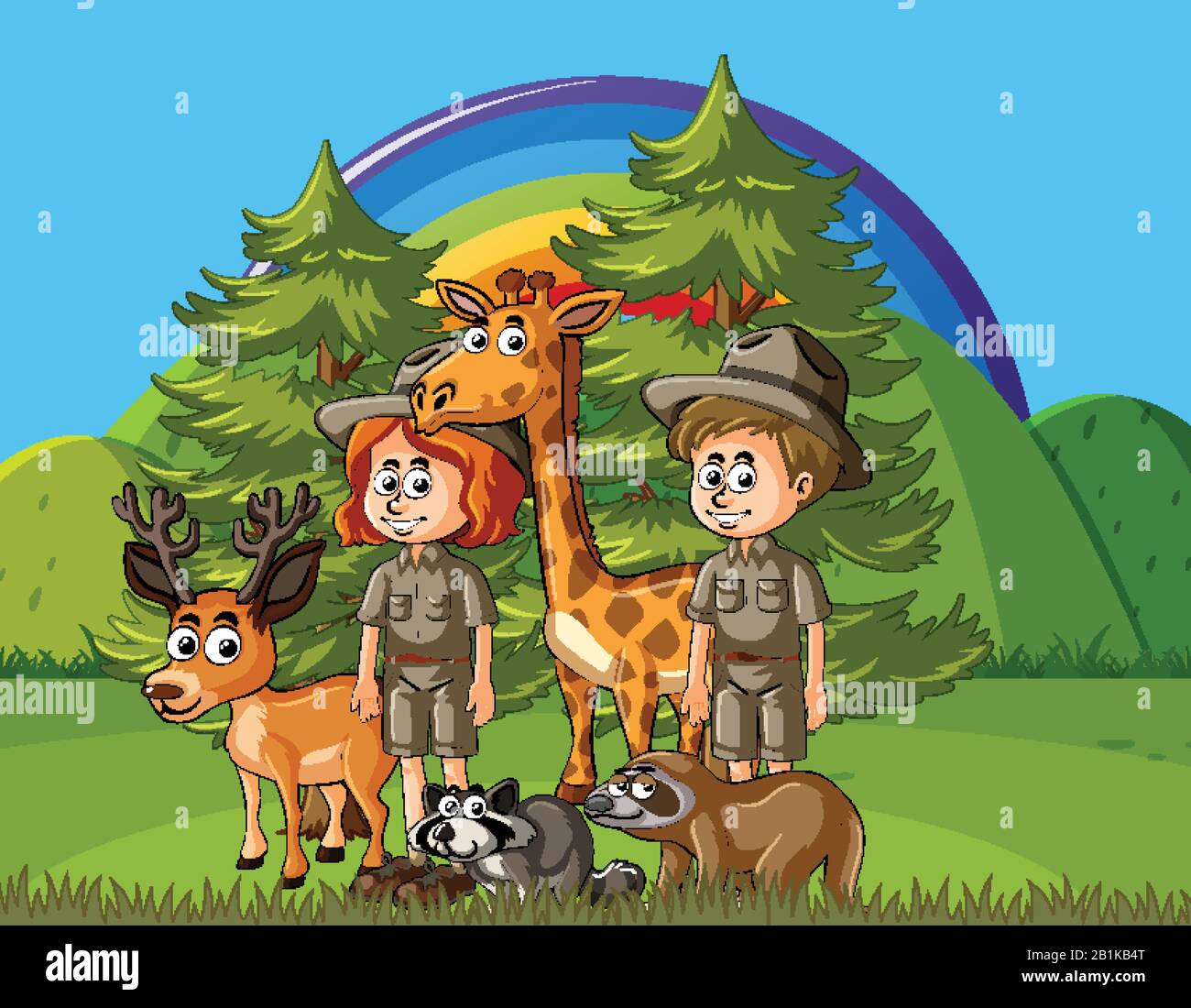 Background scene with park rangers and wild animals illustration Stock ...