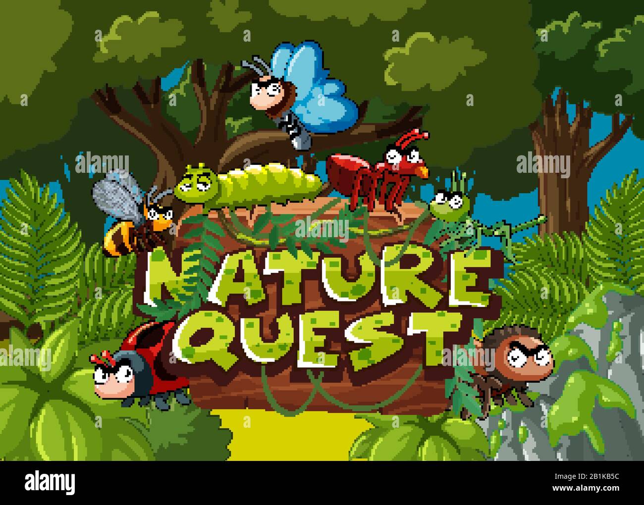 Forest scene with word nature quest and many bugs in background ...