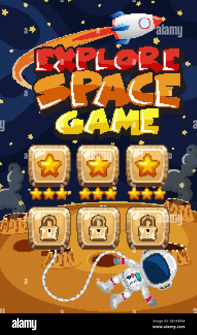 Game template design for explore space with spaceship flying in ...