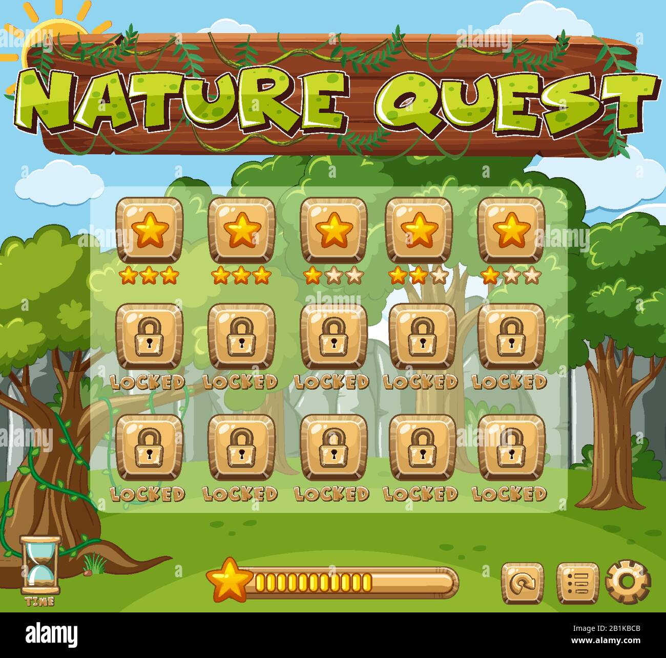 Game template design with green trees in background illustration Stock ...