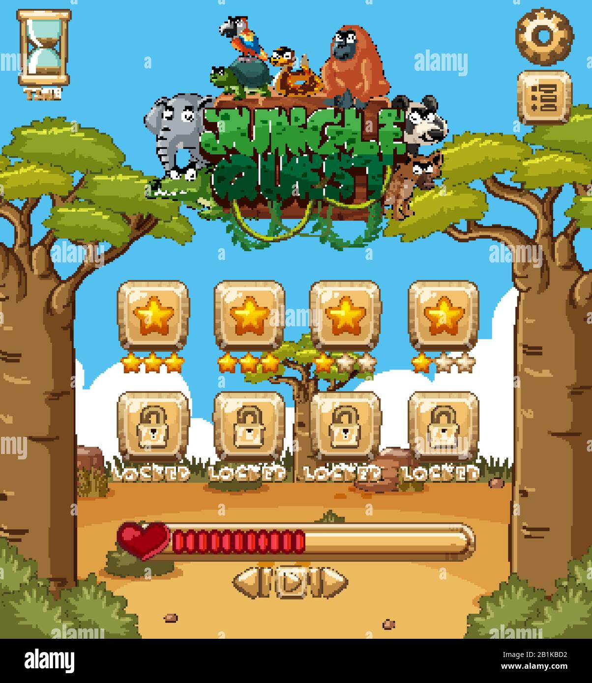Game template design with animals and trees in background illustration ...