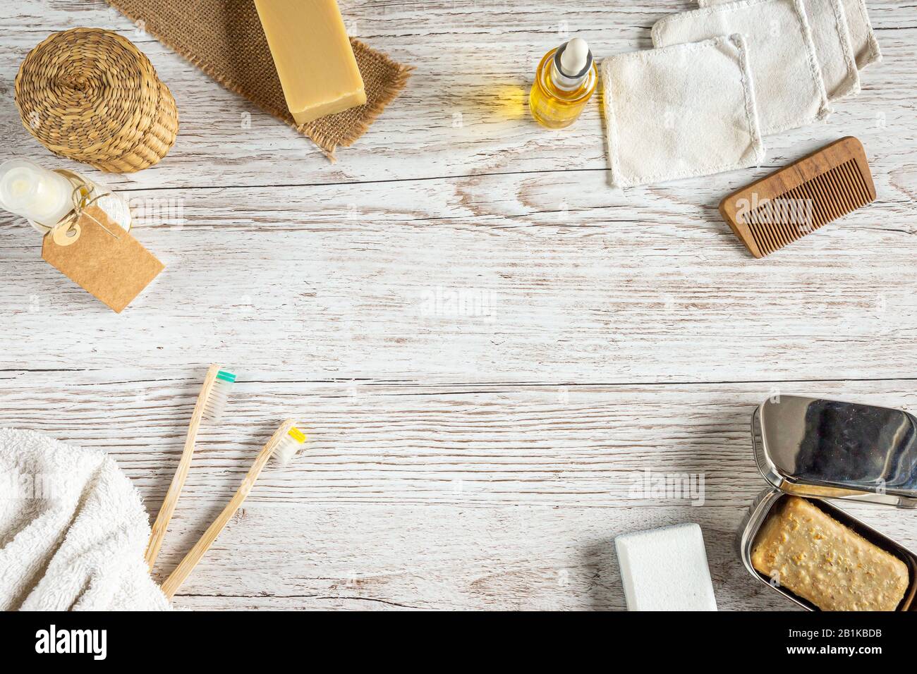 Natural bathroom accessories, top-view, central space Stock Photo - Alamy